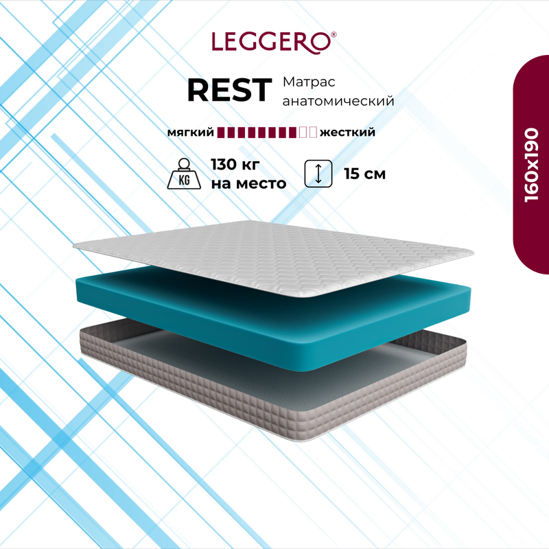 Матрас беспружинный Leggero REST двухсторонний ортопедический анатомический 160х190 умеренно жесткий
