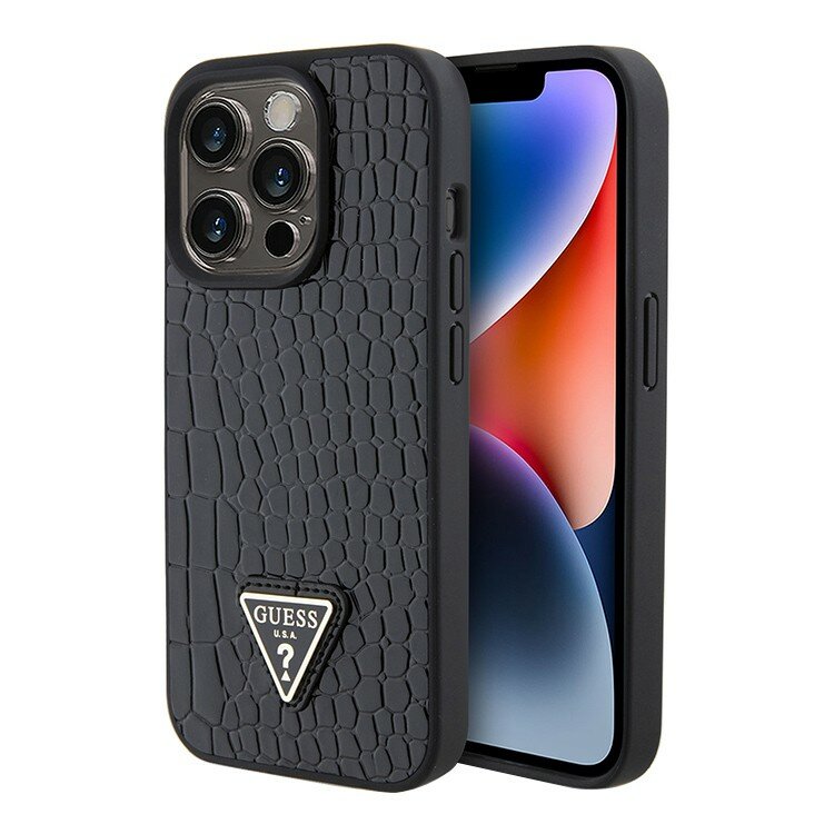 Guess чехол для iPhone 15 Pro Max, PU кожа Croco Triangle metal logo черный