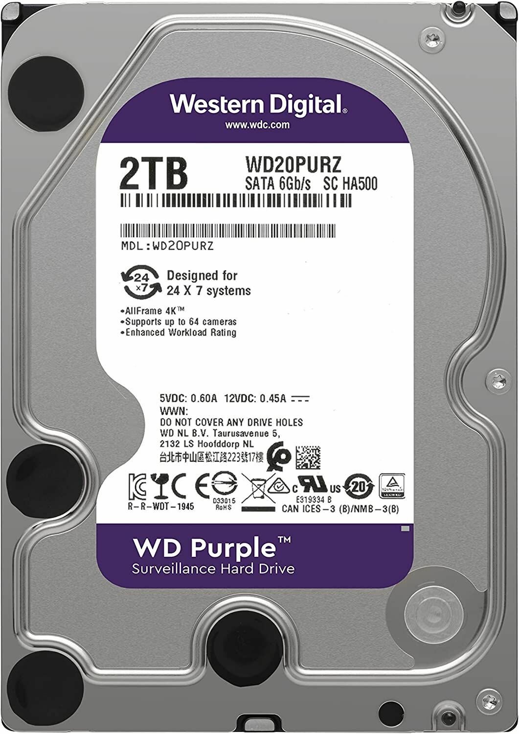 Внутренний жесткий диск Western Digital Б/У / WD PURPLE / для видеонаблюдения камер, 1 шт.