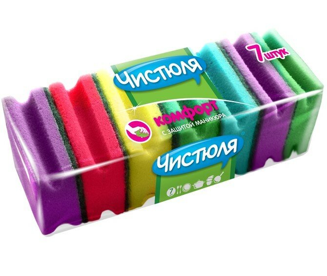 Набор из 3 штук Губки поролоновые с абразивом Чистюля Комфорт (с фаской) 7шт