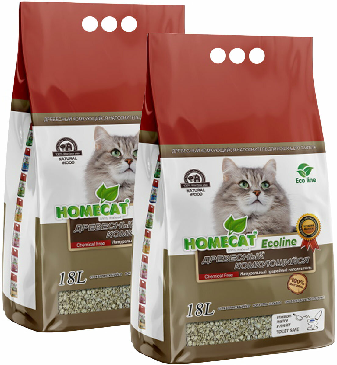 HOMECAT эколайн наполнитель древесный комкующийся для туалета кошек (18 + 18 л)