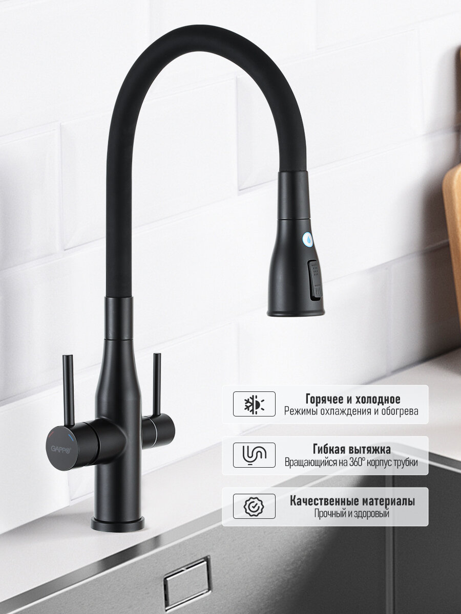 Смеситель для кухни с подключением фильтра Gappo G4399-66 черный гибкий излив