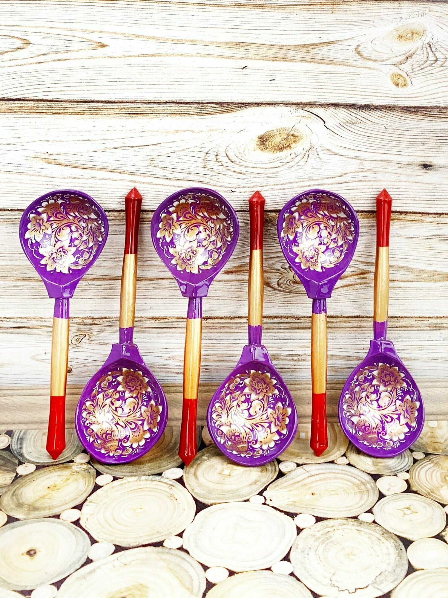 Ложки деревянные музыкальные, столовые, народные музыкальные инструменты, ручная авторская роспись, фиолетовые, 6 шт.