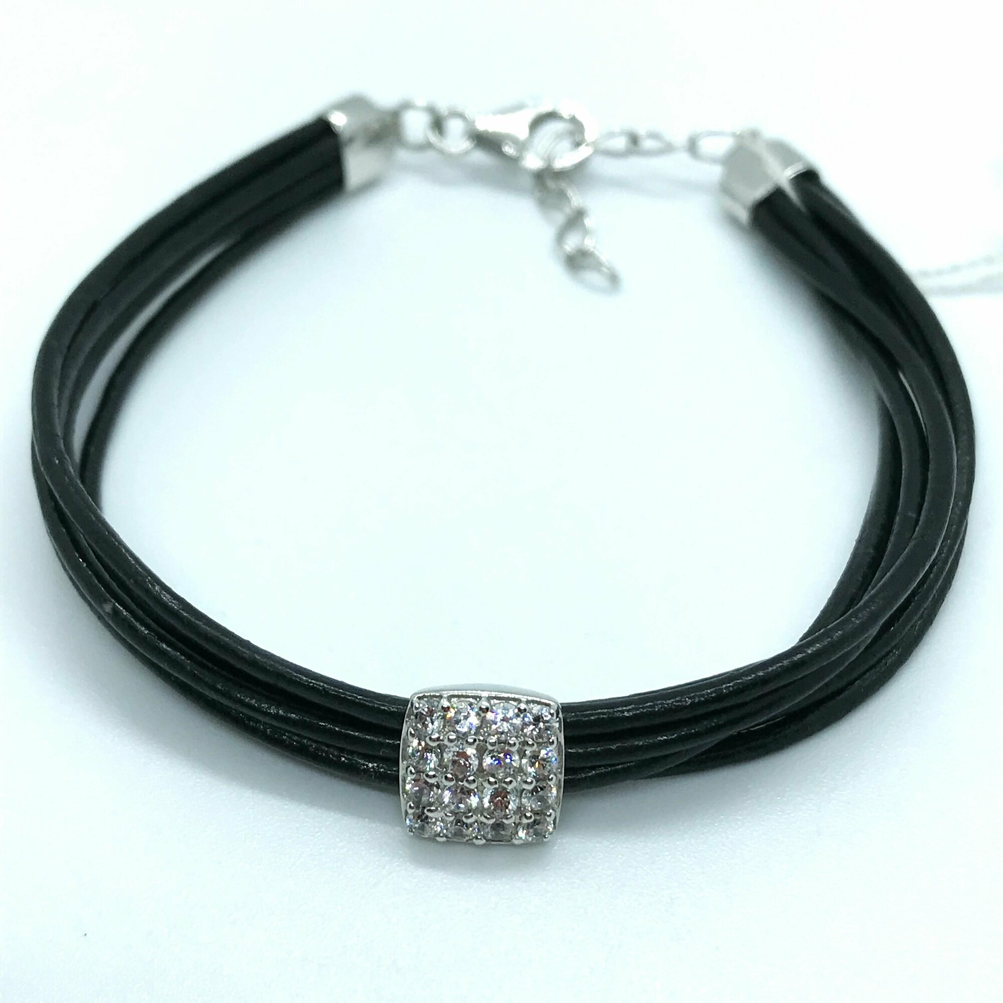 Браслет, серебро, 925 проба, родирование, кожа, циркон