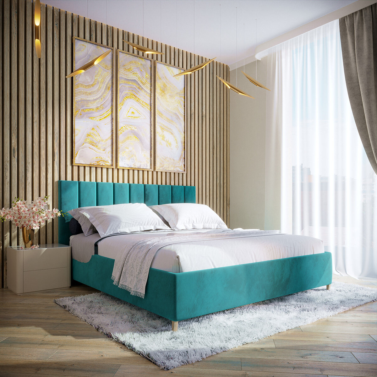 Кровать с подъемным механизмом ИнРум Line бирюзовый велюр, 120х200, с ножками