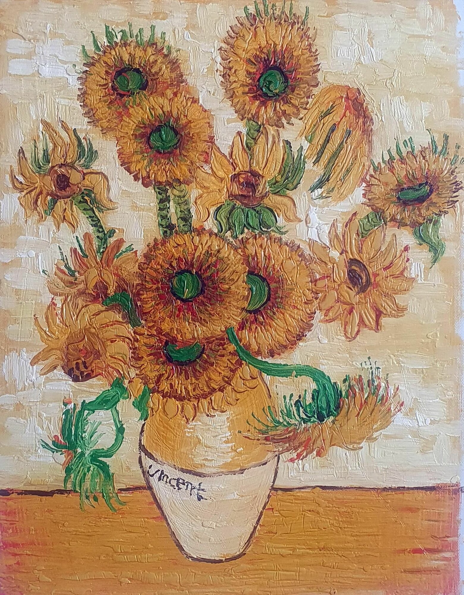 Картина интерьерная маслом ручной работы на подрамнике 39х29 см "Подсолнухи в вазе"