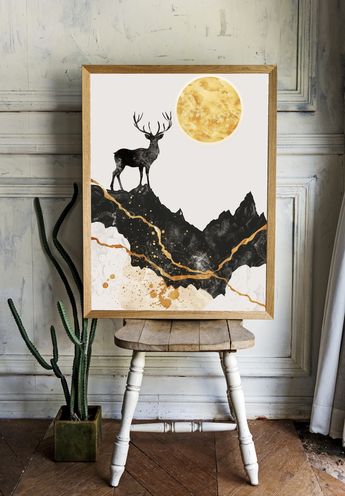 Постер "Олень и черно-золотые горы" 40x50 см в подарочном тубусе