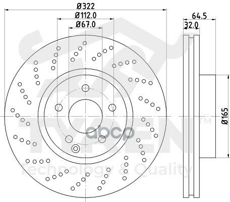 Диск тормозной Mercedes E-class (W212) 09>, C-class (W204) 07> TYREN арт. TYR1021991