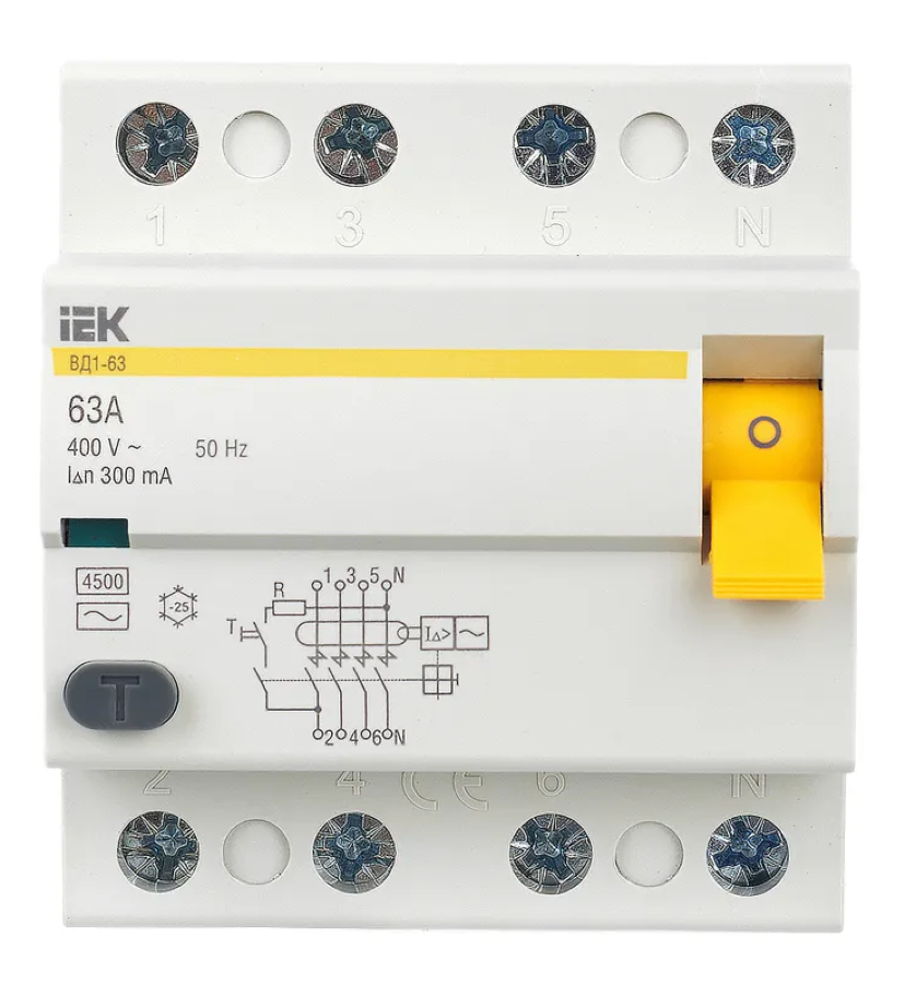 Устройство защитного отключения IEK / ИЭК ВД1-63 четырехполюсный, в пластиковом корпусе, серый, 63А 300мА, тип АС, IP20, MDV10-4-063-300 / УЗО
