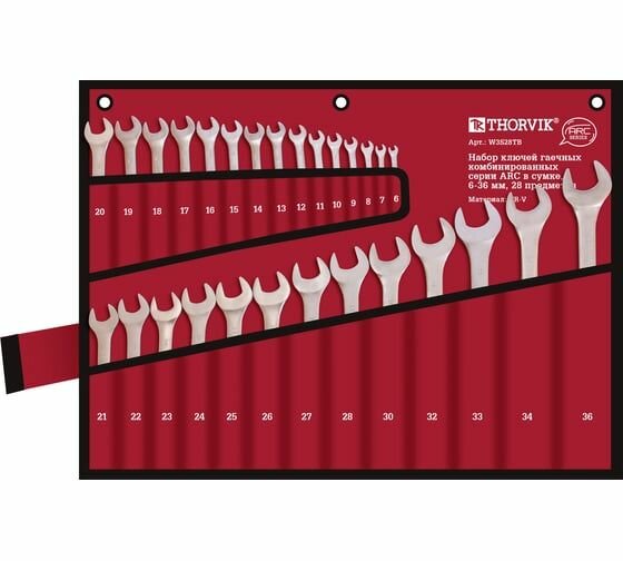 Набор комбинированных гаечных ключей Thorvik W3S28TB серии ARC в сумке, 6-36 мм, 28 предметов 53716