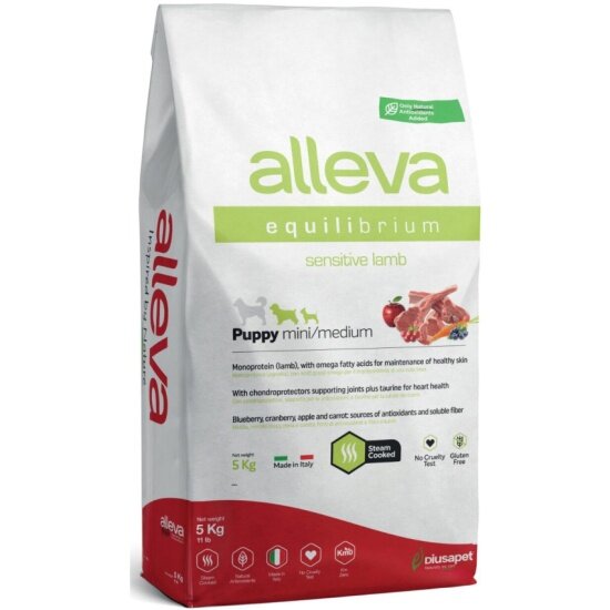 Корм сухой Alleva Equilibrium Sensitive Puppy Mini/Medium для щенков мелких и средних пород с ягненком, 5 кг