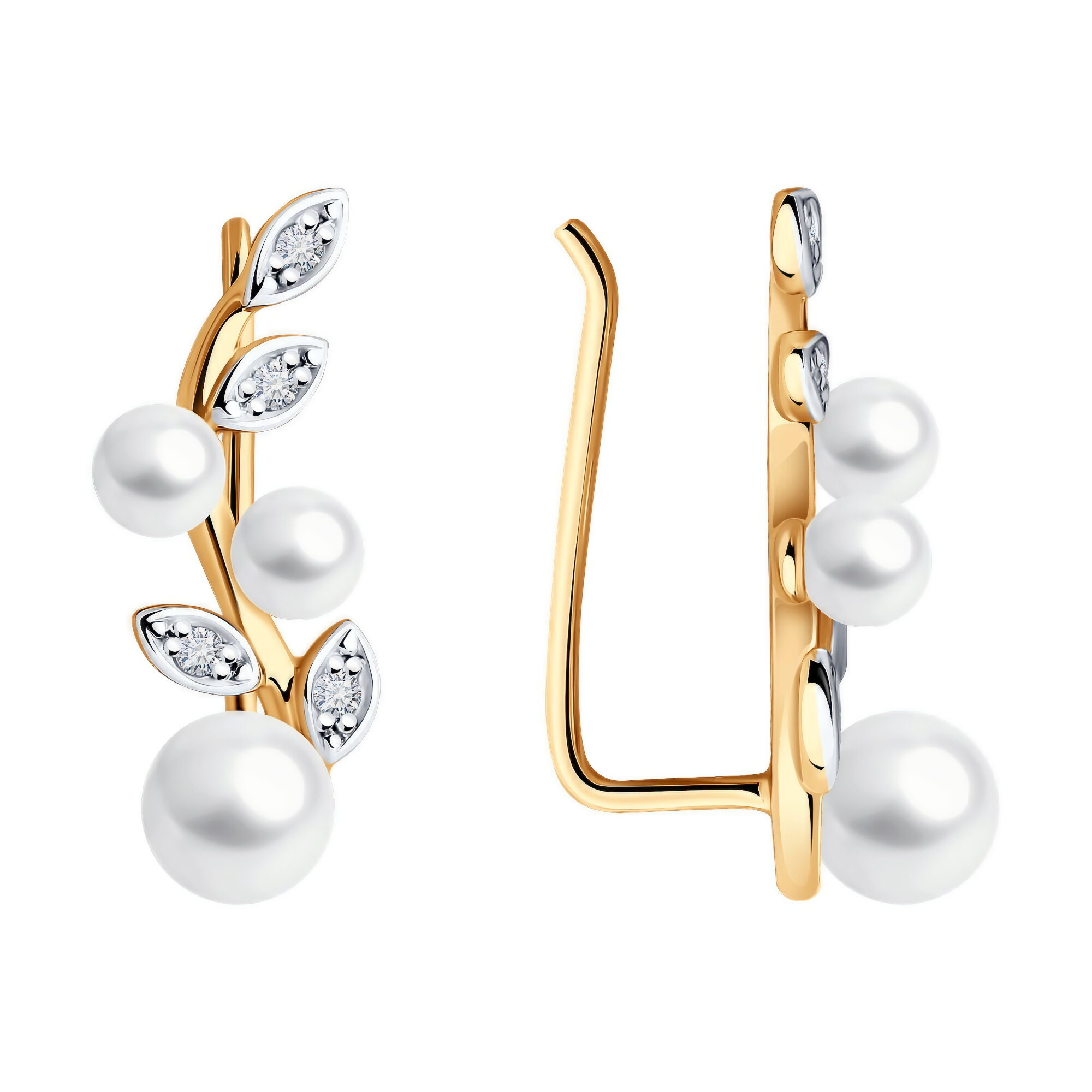 Серьги клаймберы, красное золото, 585 проба, фианит, жемчуг