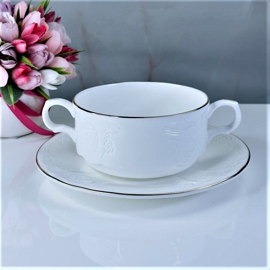 Бульонница с блюдцем Lenardi Maria gold, фарфоровая, 600 мл