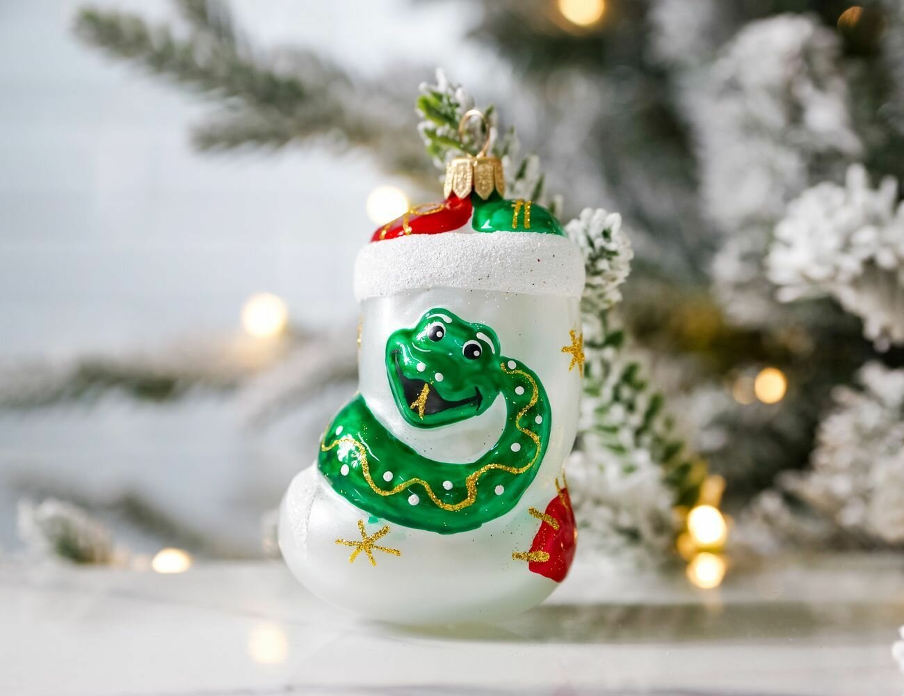 Ёлочная игрушка змейка чими - хохотушка, стекло, зелёная, 85 мм, Елочка С838-змея-зел