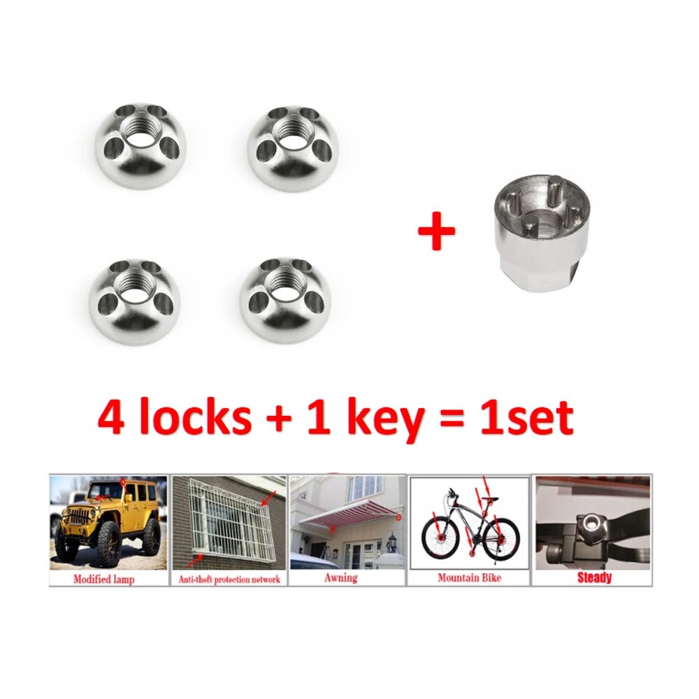Защитные противоугонные гайки с 4 отверстиями, гайки M6, M8, M10, M12, гайки 304 из нержавеющей стали для горного велосипеда, аксессуары для автомобиля M10 nut add key