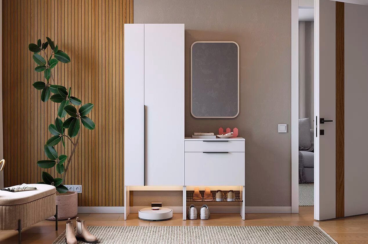 Прихожая «Баско К8», модульная, белое дерево/черный (1202х349х1950)