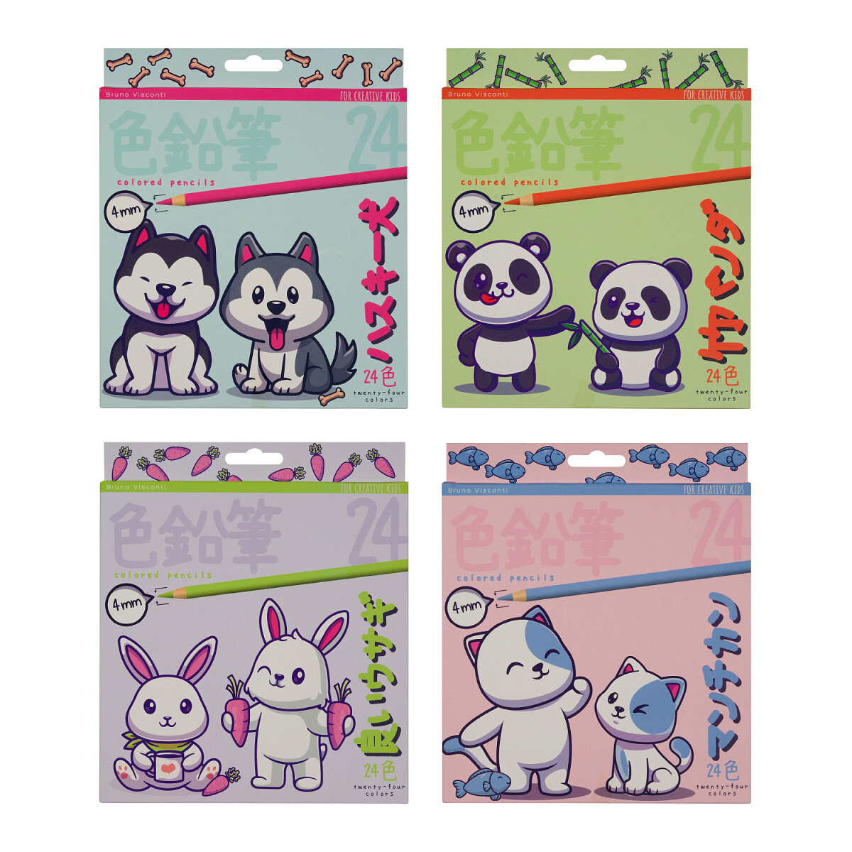 Карандаши цветные пластиковые 4,0 ММ "KAWAII ANIMALS", 24 цвета, 4 вида, цена за 1 набор