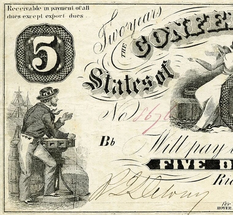 5 долларов 1861 конфедерация Штатов Америки, сувенирная копия боны, банкноты и купюры редкие коллекционные