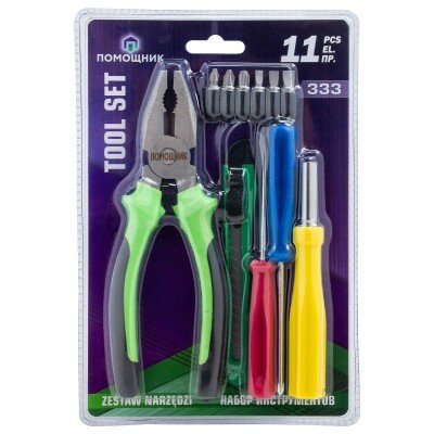 Набор инструментов Помощник 11 предметов, с битами, бытовой, сталь