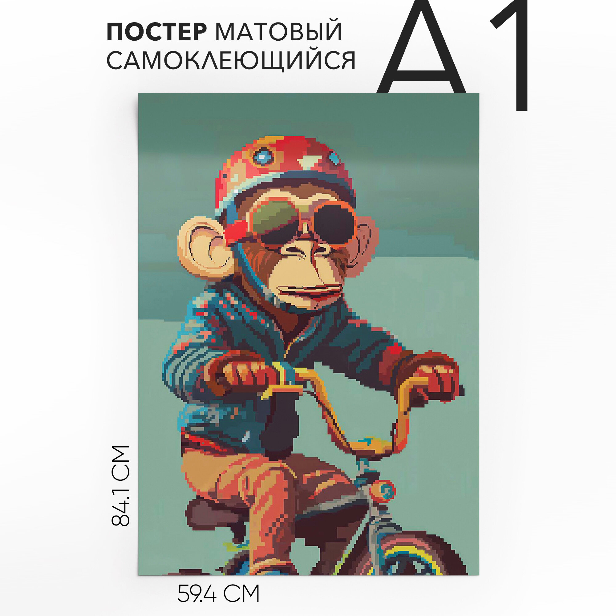 Постер настенный самоклеящийся, большой A1 Обезьяна пиксель арт, влагостойкий, для декора