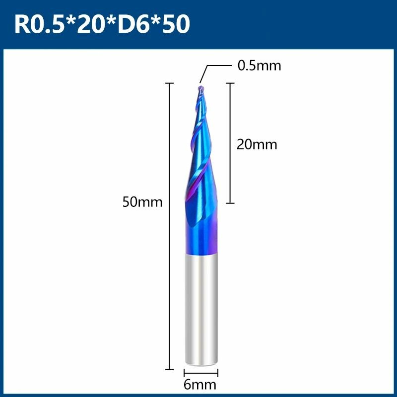 Фреза спиральная XCAN двухзаходная конусная сферическая, 0.5х20хD6х50мм, с нано-синим покрытием