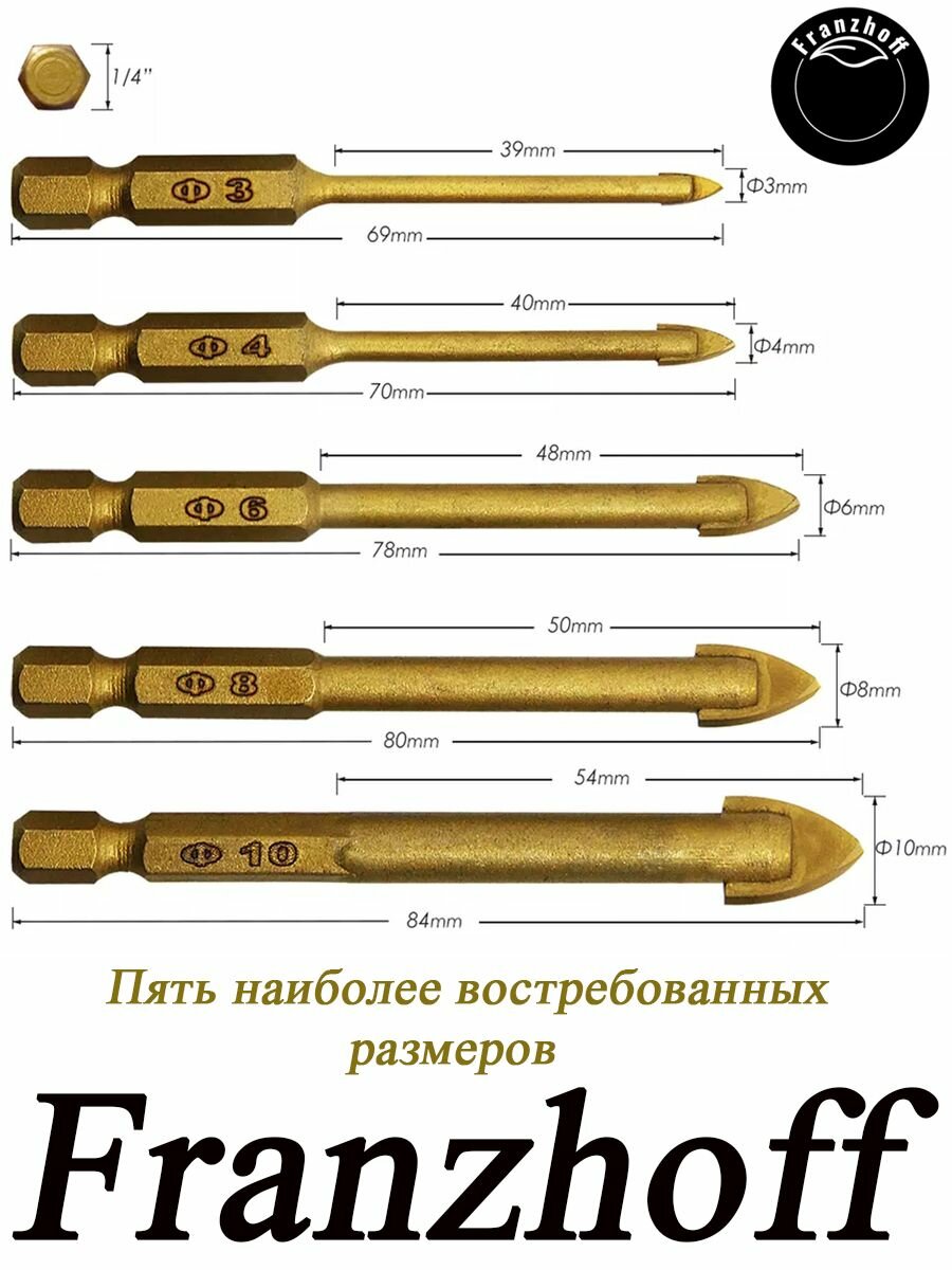 Набор сверл по керамике, кафелю и стеклу, с титановым покрытием 5 шт Franzhoff, в кейсе, с шестигранными хвостовиками
