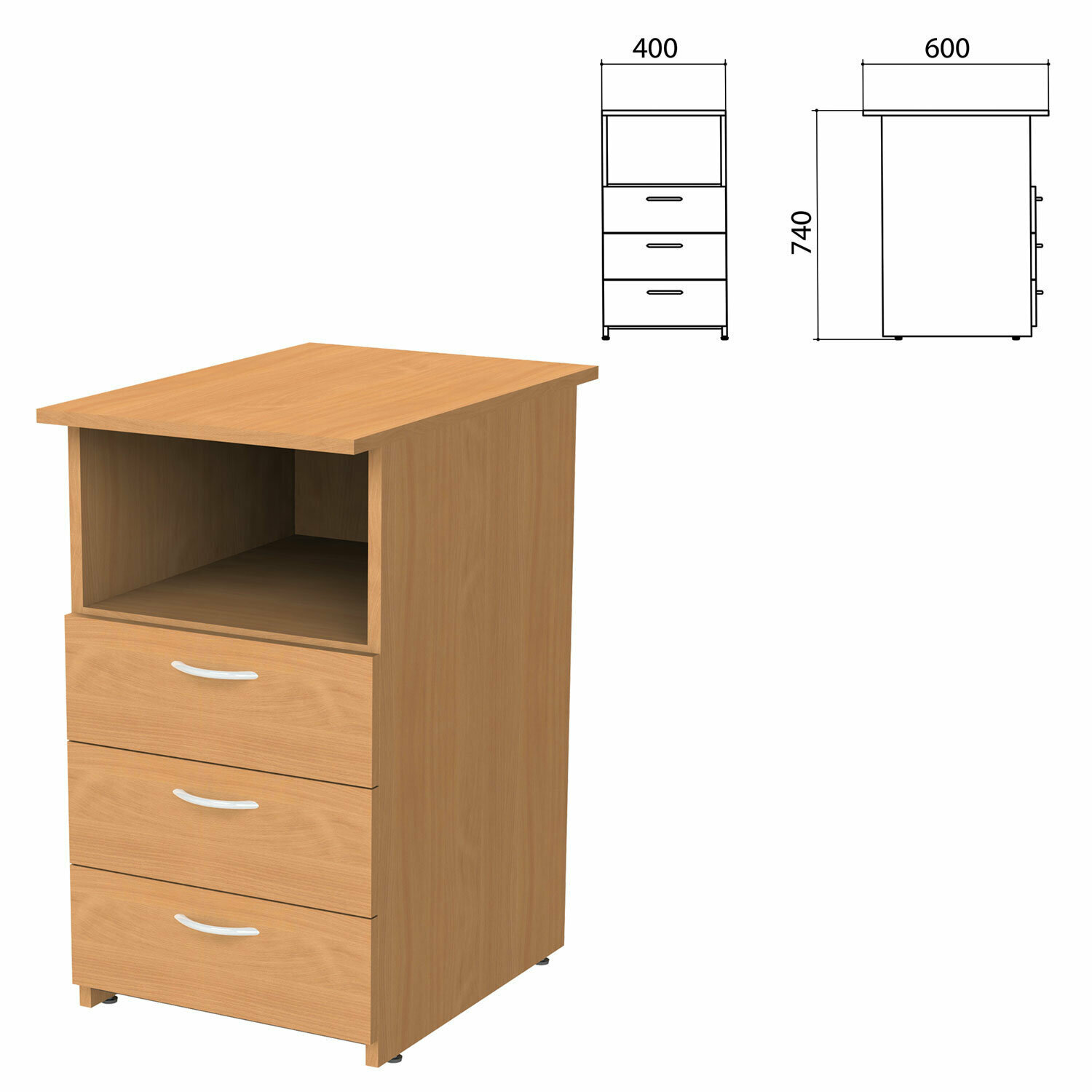 Тумба приставная бюджет 400х600х740 мм, 3 ящика, полка, груша ароза (402657-336)