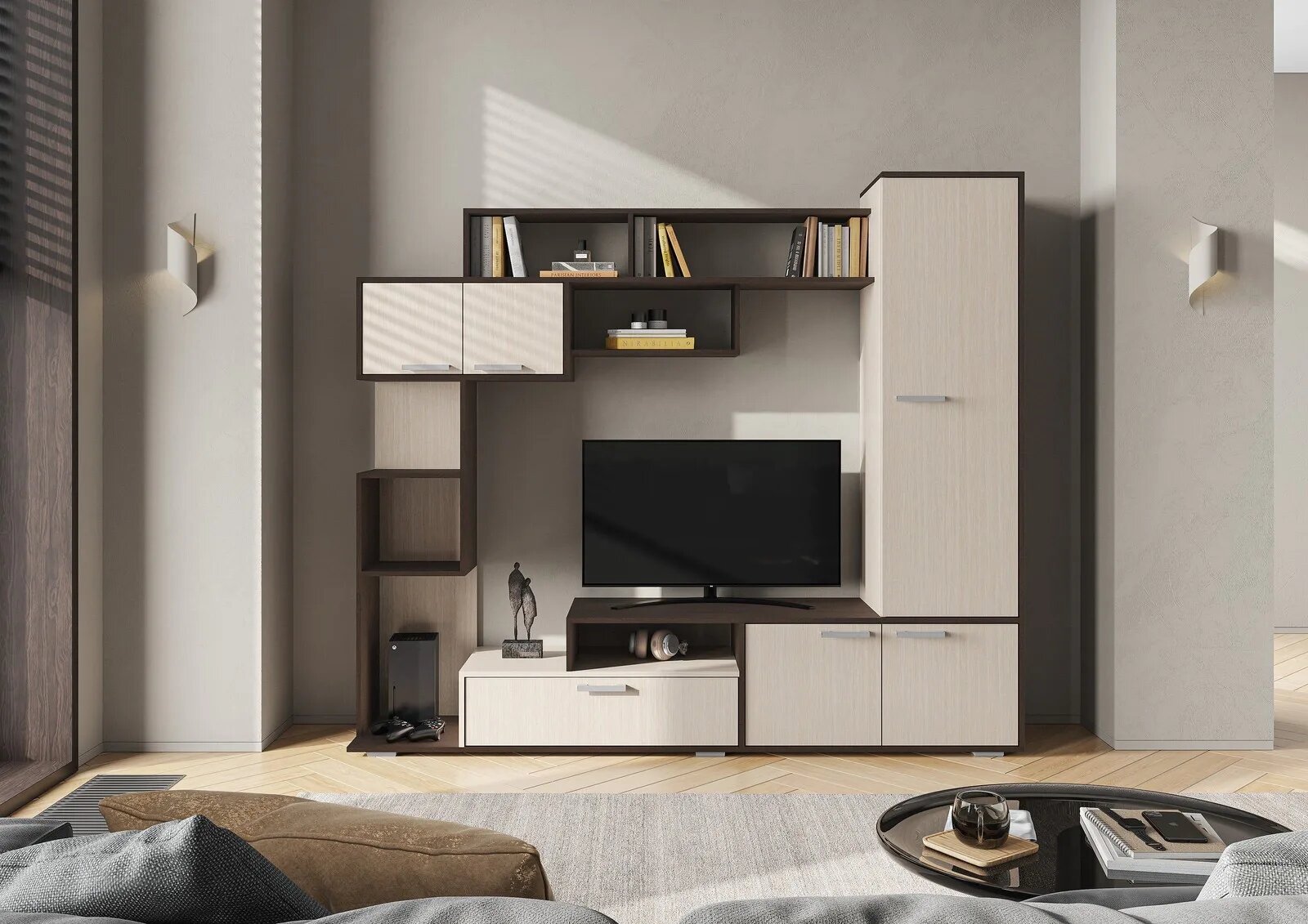 Стенка в гостиную «Капри», венге/дуб белфорт (2100х416х1820)