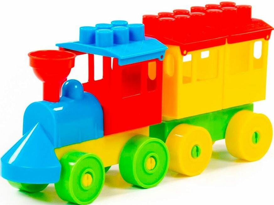 Конструктор пластиковый блочный "Самоделкин -строитель Паровоз с 1 вагоном" в сетке, сборная модель, игровой набор для детей