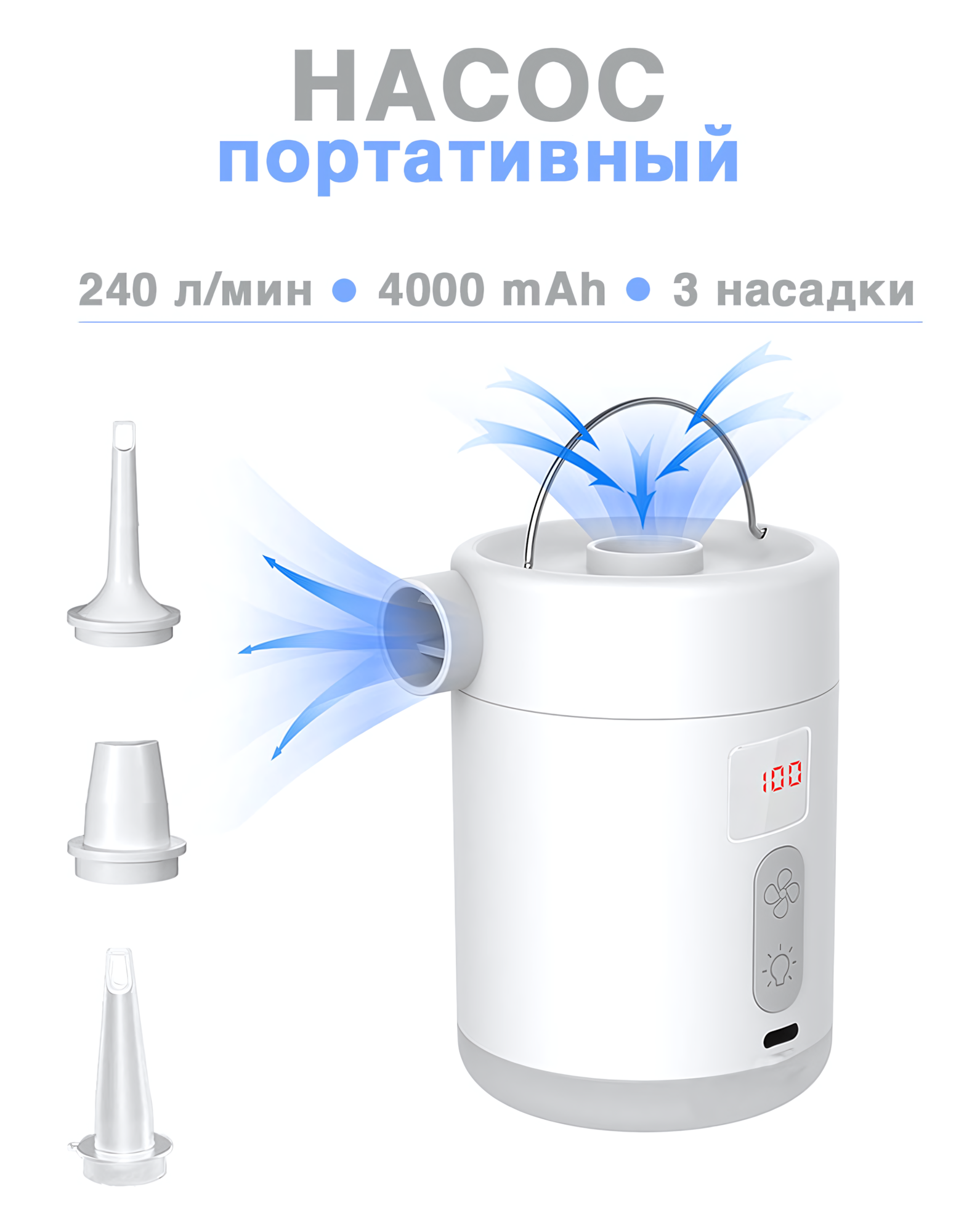 Портативный аккумуляторный насос, 240 л/мин, аккумулятор 4000 мА·ч, цвет белый