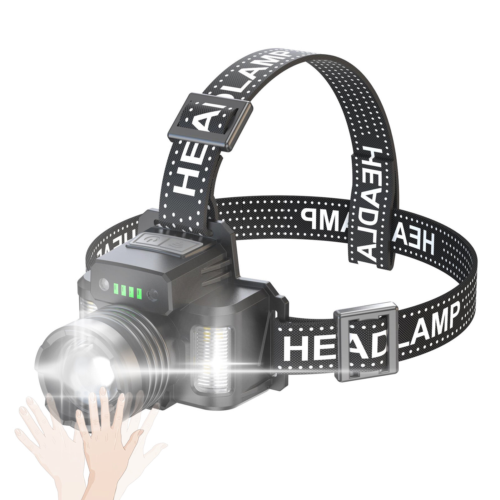 Фонарь налобный LED с датчиком движения, водонепроницаемый IPX4, заряжаемый по USB, с зумом, 800-1000 люмен, материал алюминиевый сплав+ABS, батарея 3600mAh (1800mAh*2), размер 8.8*8*6.6cm, вес 236g, для кемпинга, походов, рыбалки, велосипедного спорта