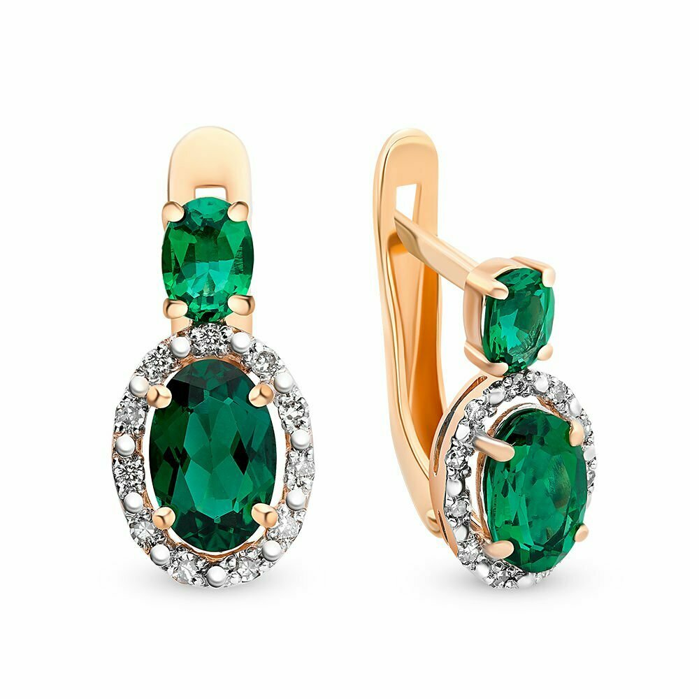 Серьги, красное золото, 585 проба, родирование, изумруд синтетический, бриллиант