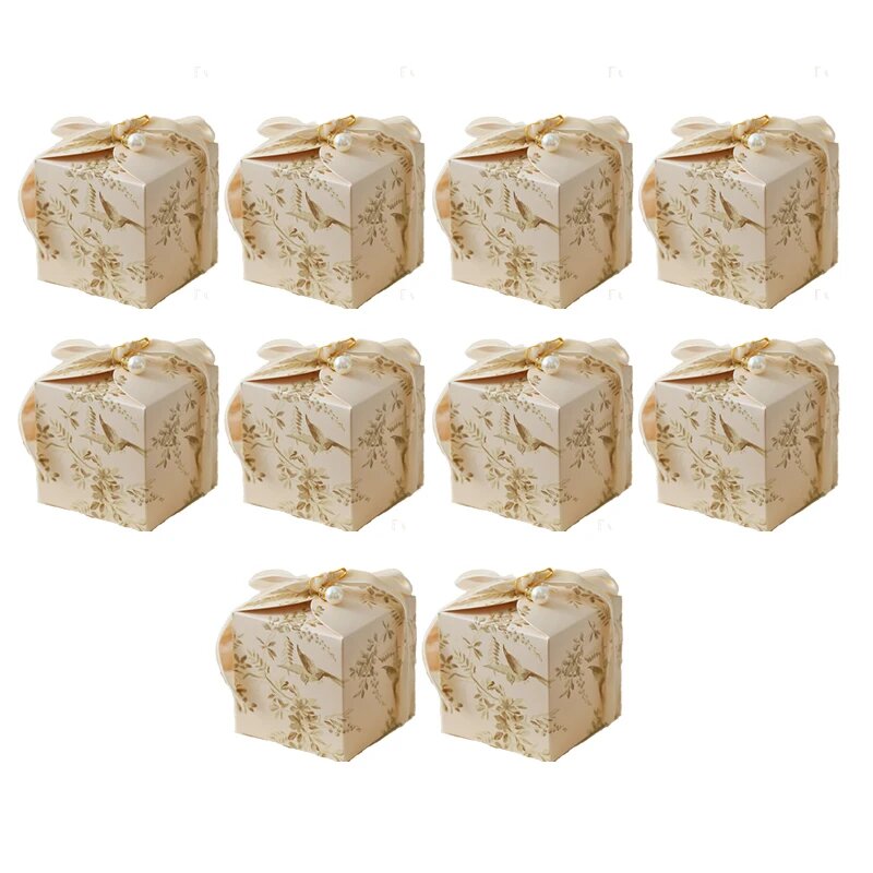 Бумажные коробочки для конфет с цветами и птицами, набор из 10 штук Бежевый, champagne