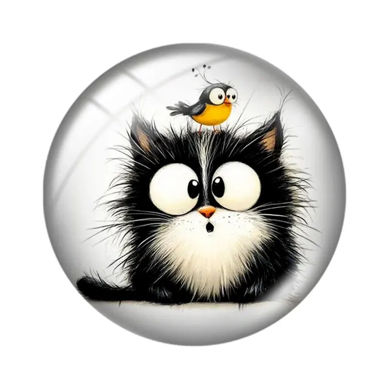 Кабошон котик черный белый стекло 10 шт Черный, 20 мм, 10pcs-BG9036-10