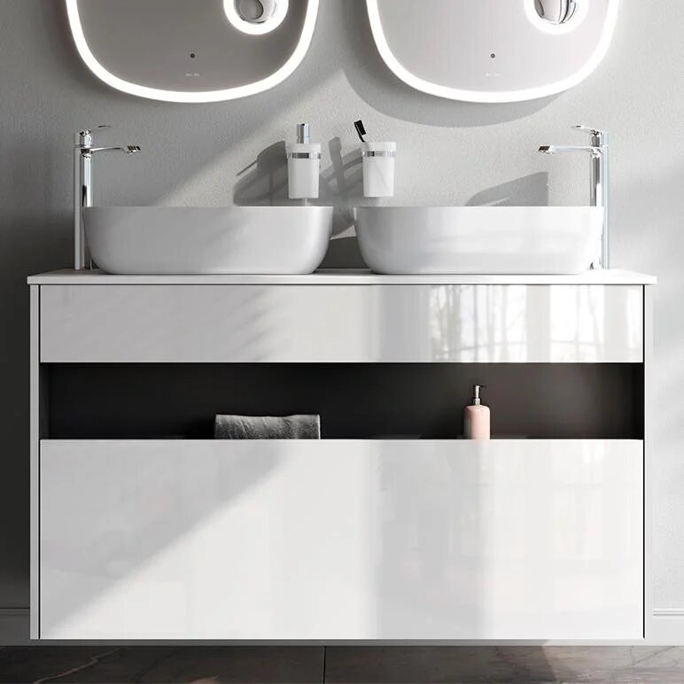 Тумба с раковиной AM.PM Func 120 подвесная, напольная, 120 см, двойная, со столешницей, белая, глянцевая, из ЛДСП, с ящиками, раковина для ванной фарфоровая, прямоугольная