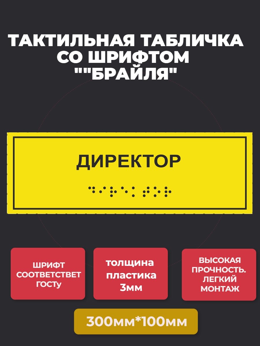 Тактильная табличка со шрифтом Брайля "директор" 300*100мм на ПВХ 3мм
