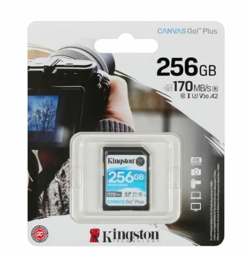 Карта памяти Kingston Canvas Go! Plus SDXC 256 ГБ (SDG3/256GB) - A2, Class 10, UHS Class 3, Video Сlass 30, запись - 90 Мбайт/сек, чтение - 170 Мбайт/сек
