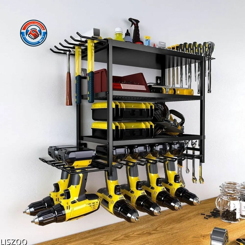 Настенный металлический держатель для инструментов, двухъярусная полка-органайзер для сверл и отверток, прочный гаражный стеллаж, черный