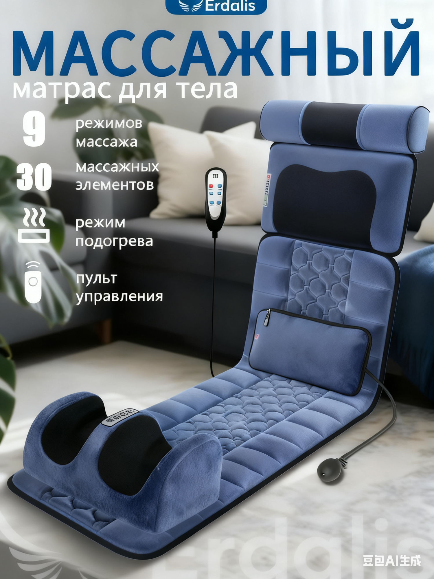 Массажный матрас, электрический, вибрационный, складной, голубой, 4 модуля