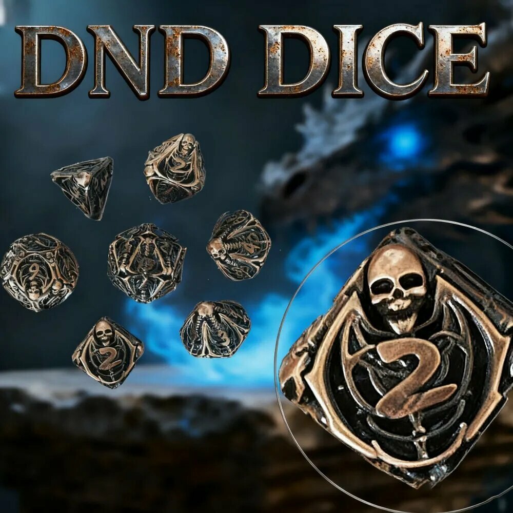 Набор DnD кубиков ручной работы Металлические дайсы для Dungeons & Dragons с дизайном черепа демона