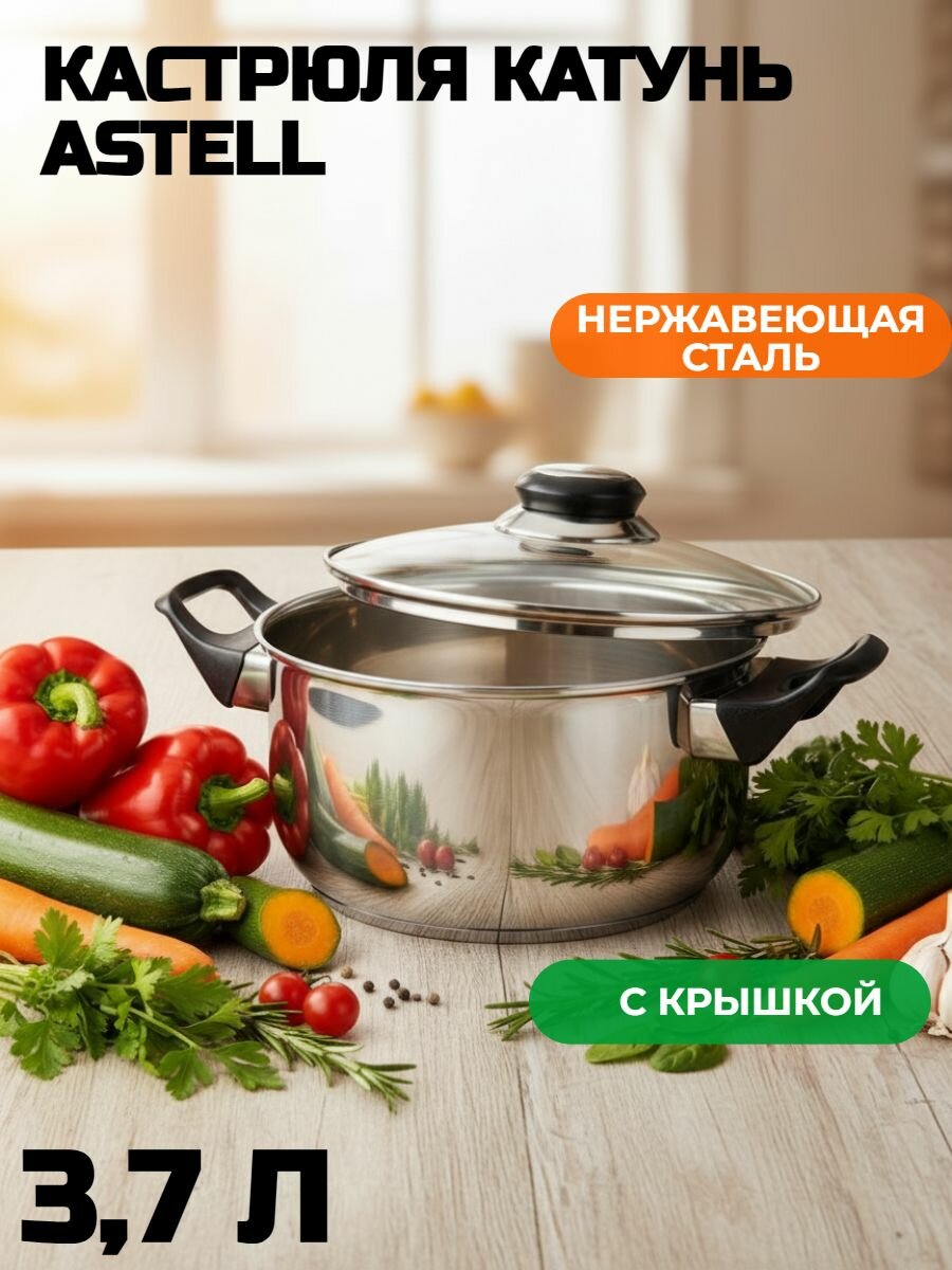 Кастрюля с крышкой, Катунь ASTELL RW1201-LQ- 22C, 3,7л d-22, нержавеющая сталь