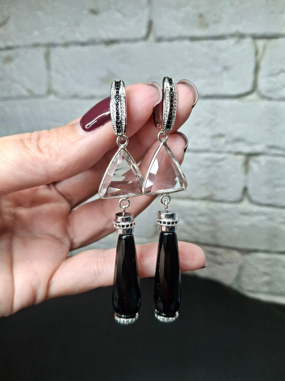 Серьги с подвесками, агат, горный хрусталь, фианит