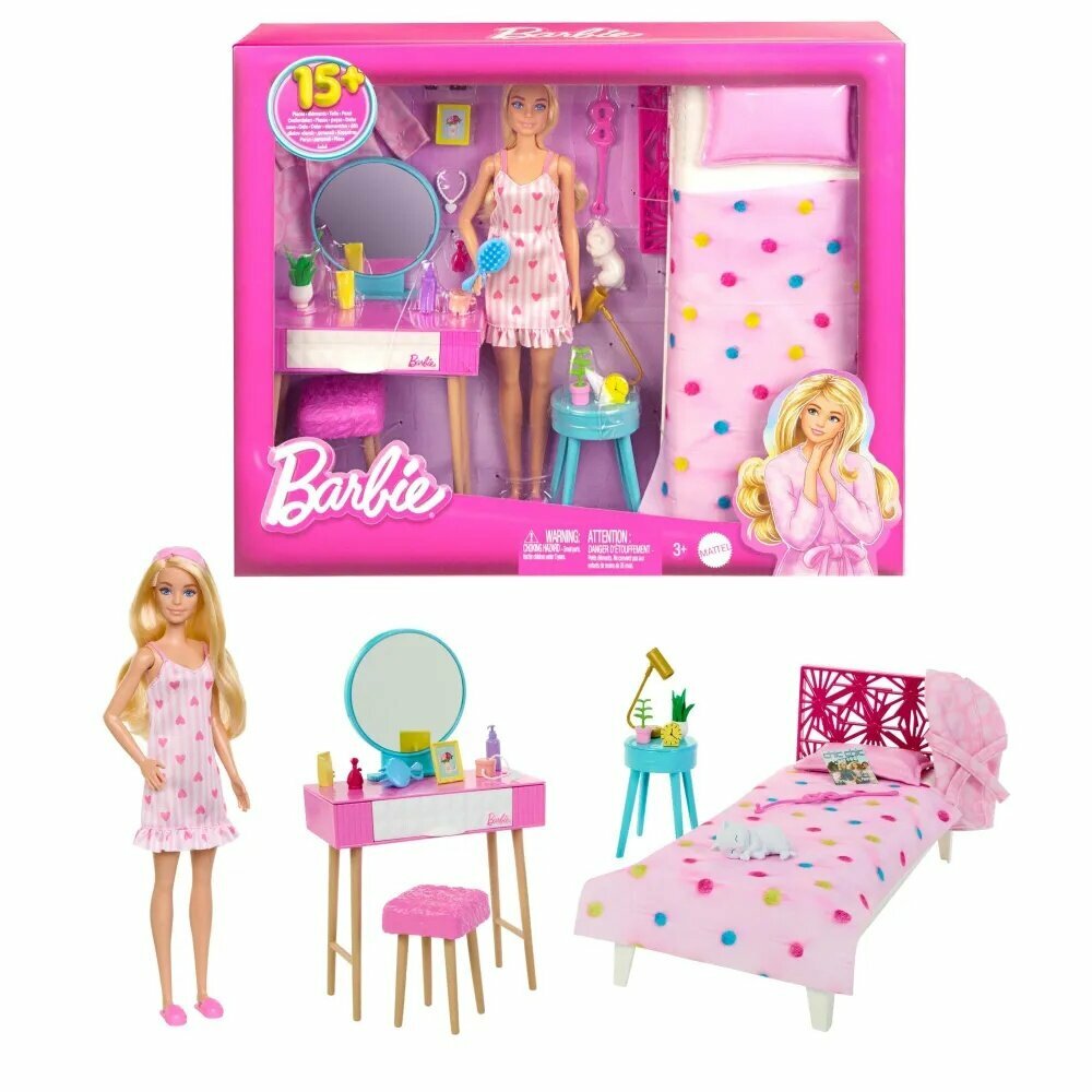 Кукла Barbie и игровой набор для спальни, мебель Барби, более 20 предметов HPT55