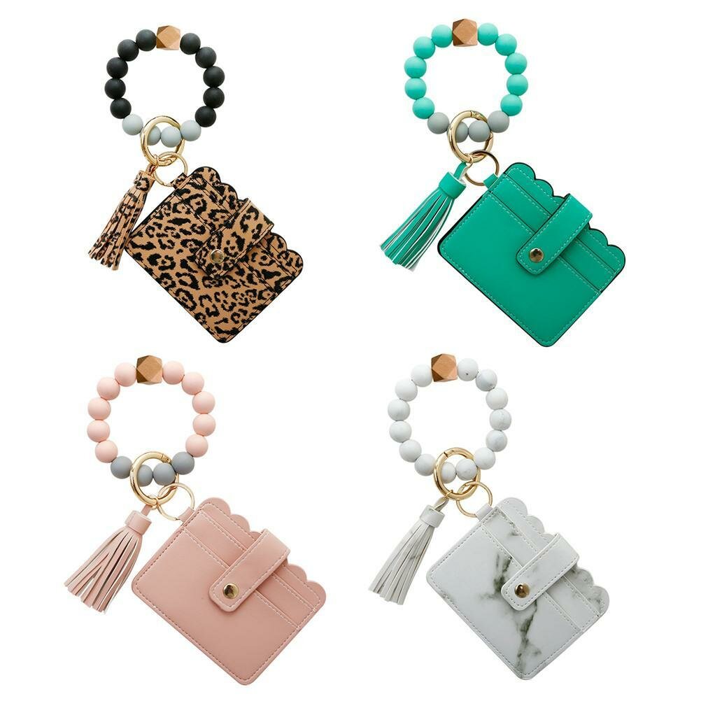 Стильный браслет-ключница с силиконовыми бусинами, кольцом для ключей, держателем для карт и кисточкой для ключей от автомобиля
