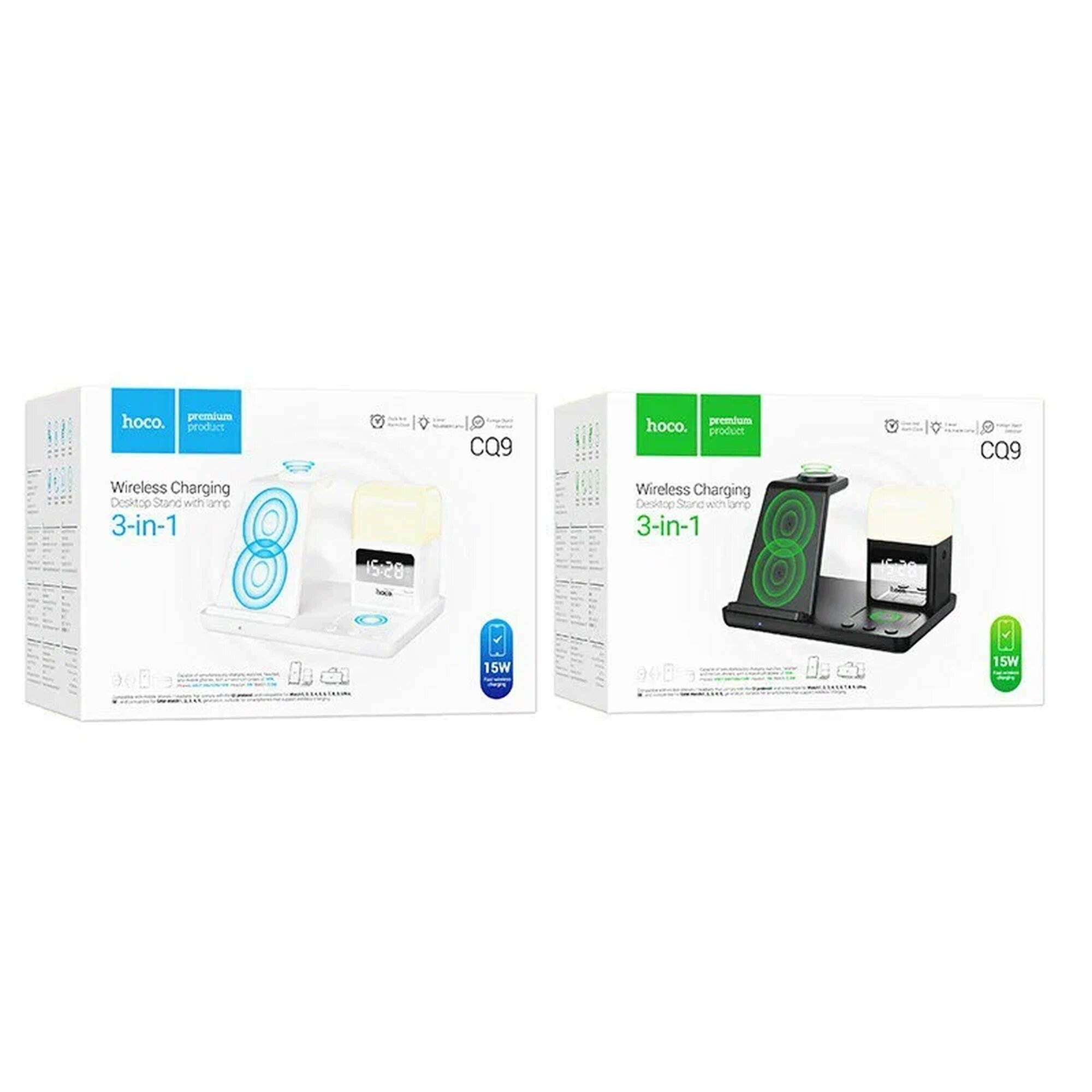 Беспроводное зарядное устройство HOCO CQ9, 3 в 1, с ночником, часами, для телефона и наушников, черное