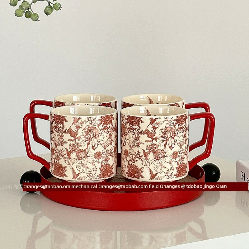 Ретро-красная двойная бусина железный поднос с набором из 4 керамических кружек с птицей для дома или свадьбы