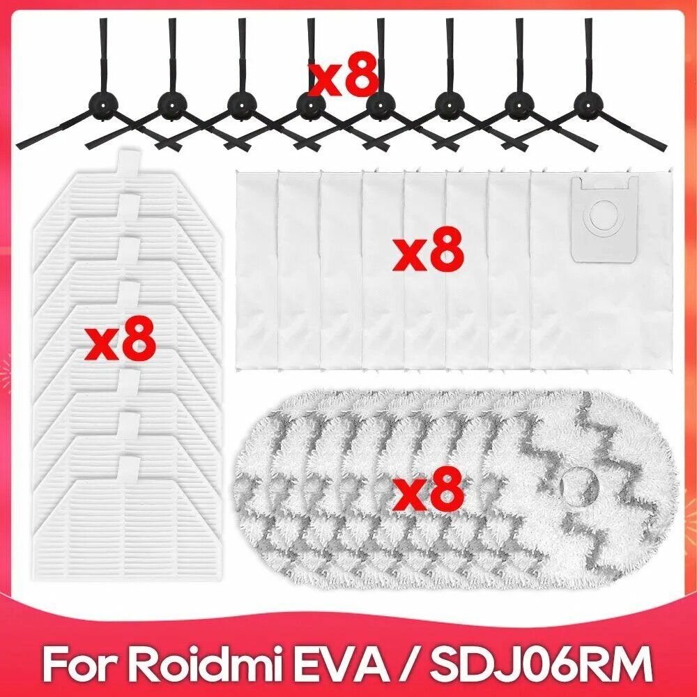 Совместимо с аксессуарами для робота-пылесоса ( Roidmi EVA SDJ06RM ): фильтром, боковой щеткой, тряпками и пылесборником.