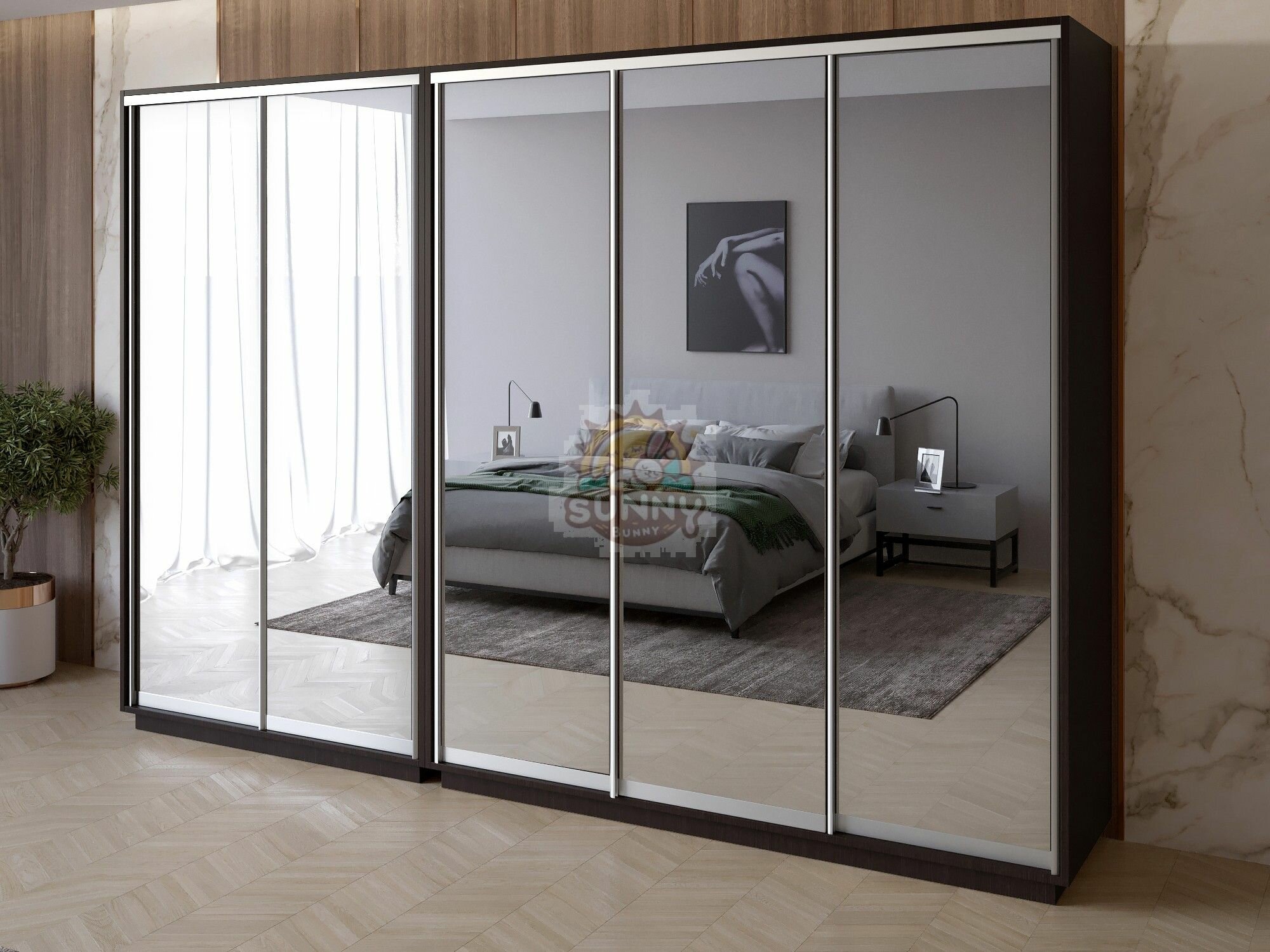 Шкаф-купе Вилли 5-ти дверный модульный (2+3) зеркальные двери, профиль серебро, 300х60х220 см. Венге