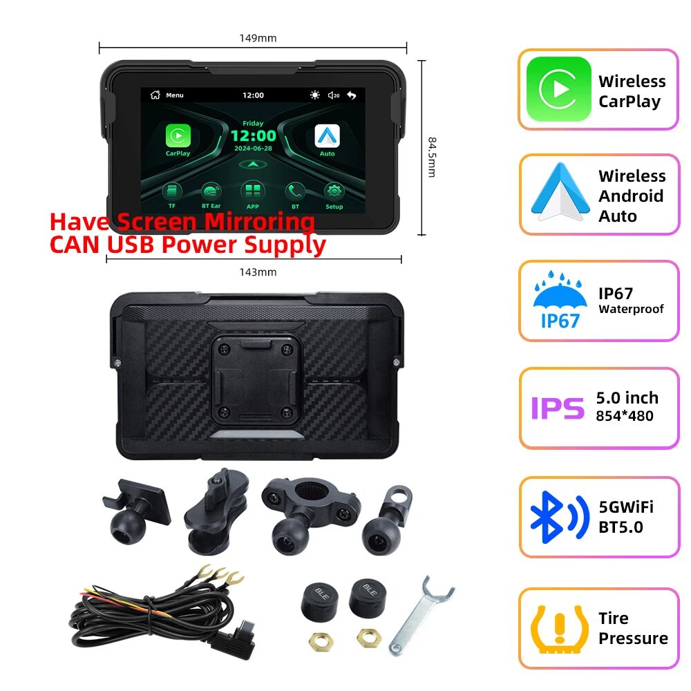 EKIY M11A 5-дюймовый навигационный мотоцикл, водонепроницаемый экран Carplay, портативный мотоцикл, беспроводной Android, авто монитор, TPMS M11C-TPMS