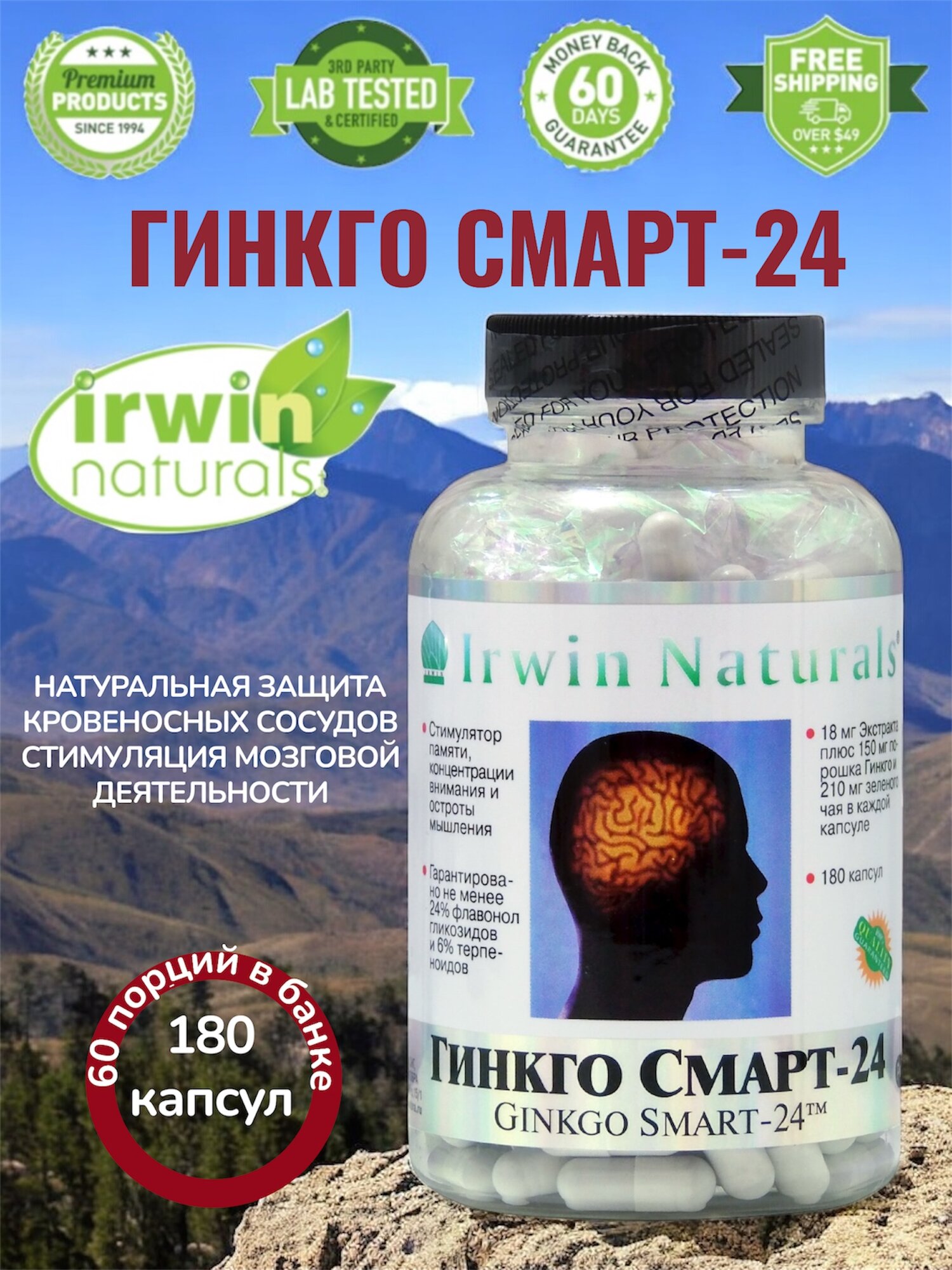 Гинкго Смарт-24 180 капсул для укрепления кровеносной системы и улучшения функций мозга